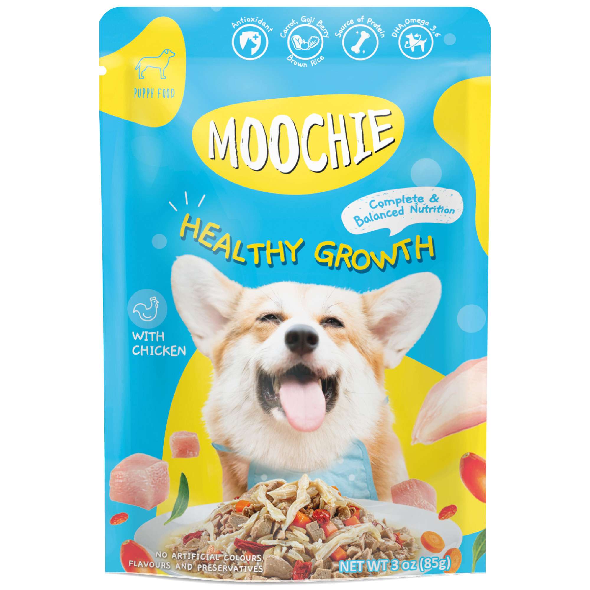 Pouch de pollo y verduras para cachorros MOOCHIE crecimiento saludable (85 g) — ICA S.A.